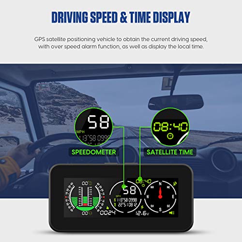Car Inclinometer Level Tilt Meter, Digital HUD GPS Speed Slope Meter, Real-timie Speed, Vehicle tilt/Pitch Angle, Battery Voltage with HD LCD Display for 12V Off-Road Vehicle