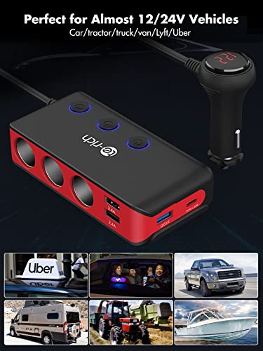 Cigarette Lighter Adapter, 3 Socket Cigarette Lighter Splitter, Fast Car Charger Adapter with 20W USB C PD & 18W QC 3.0 (5V/10.4 A), 12V Multi Port Outlet Extension for GPS/Dash Cam/Radar Detector