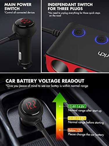 Cigarette Lighter Adapter, 3 Socket Cigarette Lighter Splitter, Fast Car Charger Adapter with 20W USB C PD & 18W QC 3.0 (5V/10.4 A), 12V Multi Port Outlet Extension for GPS/Dash Cam/Radar Detector