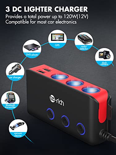 Cigarette Lighter Adapter, 3 Socket Cigarette Lighter Splitter, Fast Car Charger Adapter with 20W USB C PD & 18W QC 3.0 (5V/10.4 A), 12V Multi Port Outlet Extension for GPS/Dash Cam/Radar Detector