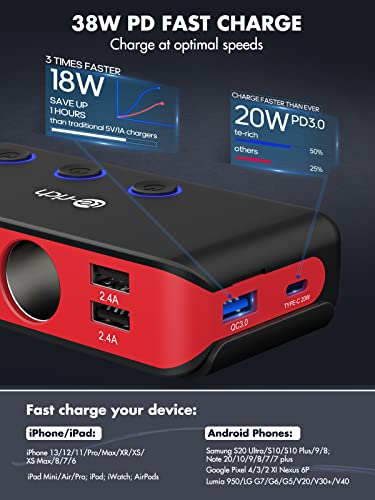 Cigarette Lighter Adapter, 3 Socket Cigarette Lighter Splitter, Fast Car Charger Adapter with 20W USB C PD & 18W QC 3.0 (5V/10.4 A), 12V Multi Port Outlet Extension for GPS/Dash Cam/Radar Detector
