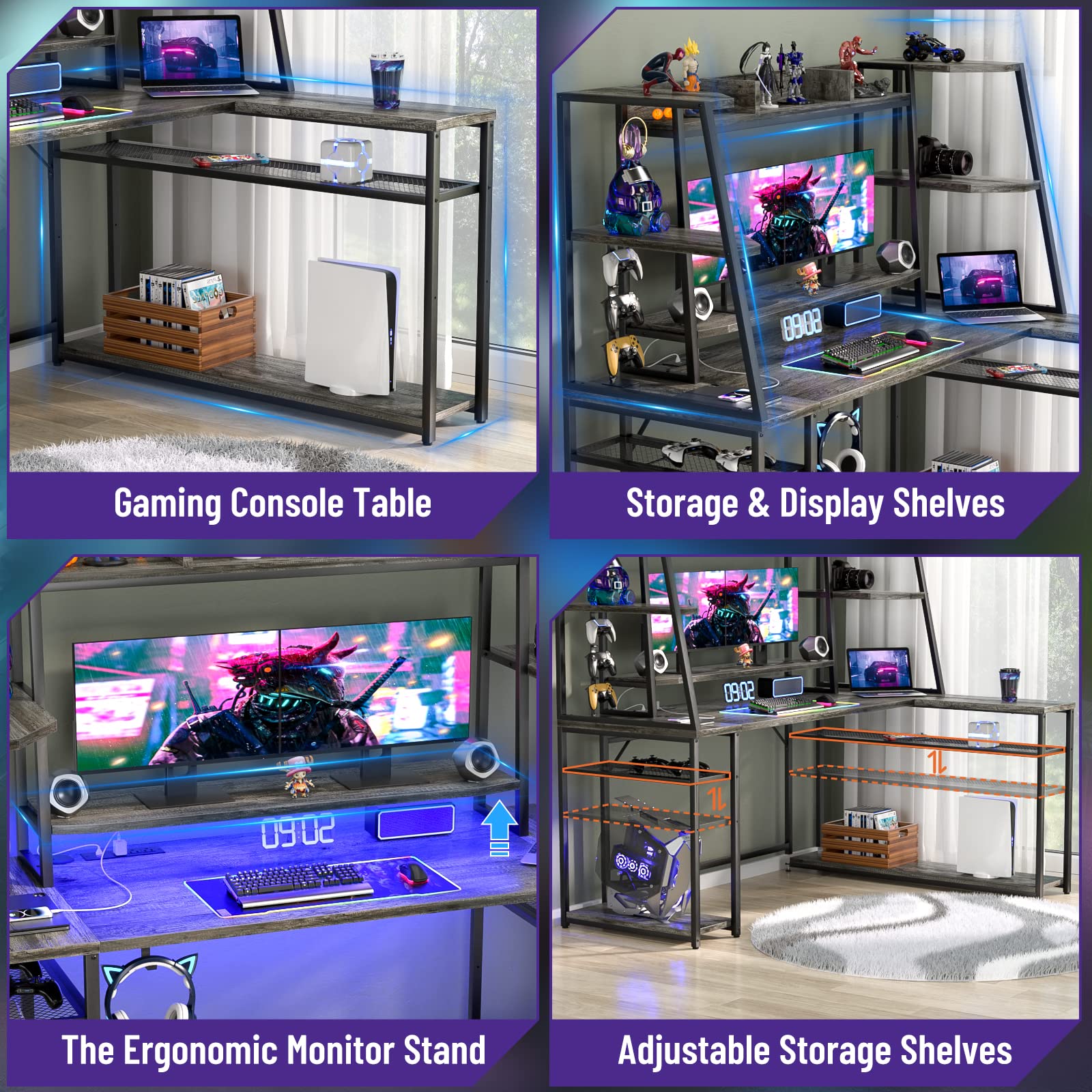 63'' Large L Shaped Gaming Desk with LED Lights & Power Strips, Reversible Gaming Table Desk with Hutch, L-shaped PC Gaming Desk with Storage, L Gamer Desk with Monitor Stand & Hook, Grey Oak