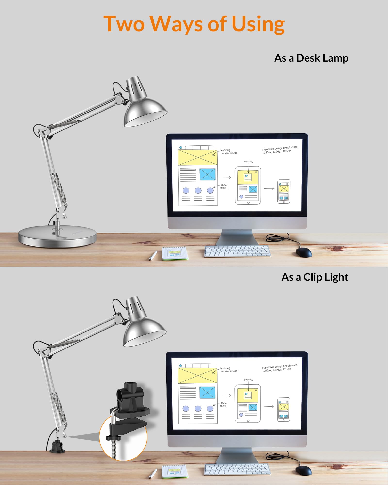 LEPOWER Metal Desk Lamp, Adjustable Goose Neck Architect Table Lamp with On/Off Switch, Swing Arm Desk Lamp with Clamp, Eye-Caring Reading Lamp for Bedroom, Study Room &Office (Silver)