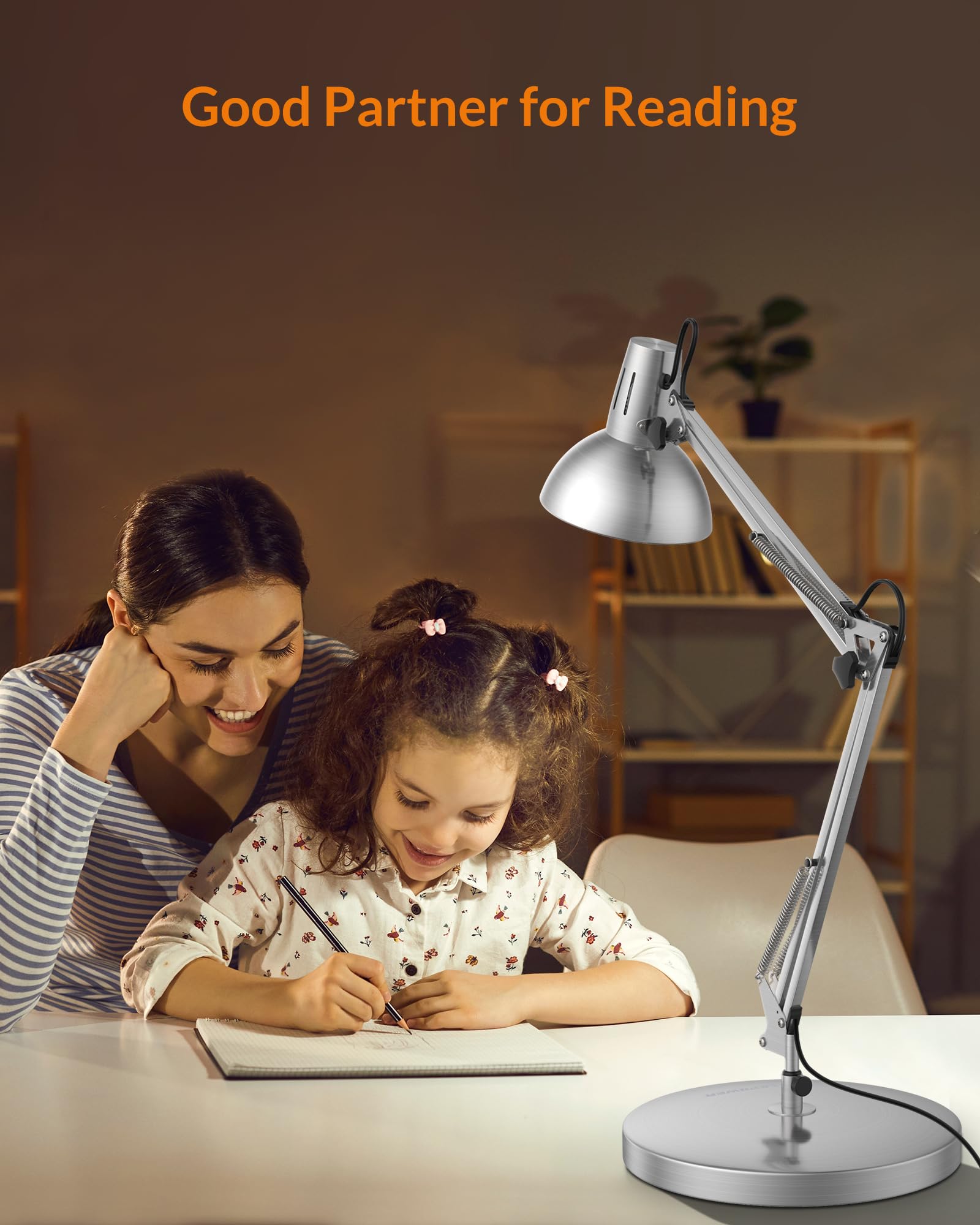 LEPOWER Metal Desk Lamp, Adjustable Goose Neck Architect Table Lamp with On/Off Switch, Swing Arm Desk Lamp with Clamp, Eye-Caring Reading Lamp for Bedroom, Study Room &Office (Silver)