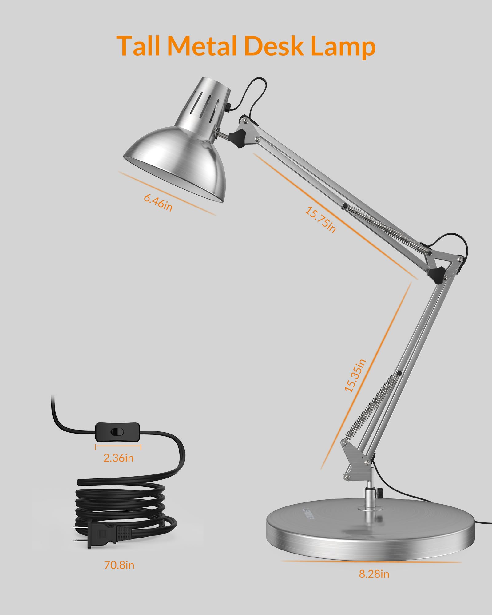 LEPOWER Metal Desk Lamp, Adjustable Goose Neck Architect Table Lamp with On/Off Switch, Swing Arm Desk Lamp with Clamp, Eye-Caring Reading Lamp for Bedroom, Study Room &Office (Silver)