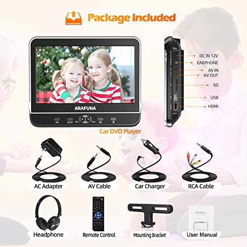Car DVD Player with Headrest Mount,Arafuna 10.5" Headrest DVD Player for car with HDMI Input, Portable DVD Player for Car Support 1080P HD Video, USB/SD,Regions Free, Last Memory