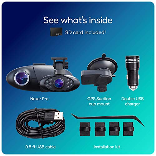 Nexar Pro Dual Dash Cam - HD Front Dash Cam and Interior Car Security Camera - Nexar Dash Cam Front and Cabin - Dual Dash Cam Parking Mode and WiFi - Dash Cams for Cars - Dash Cam for Truckers 64GB