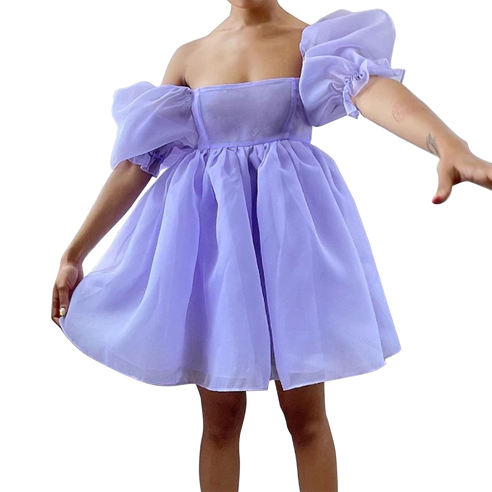 Pejihota Womens Off-Shoulder Ruffled Fluffy Short-Sleeved Mesh Party Mini Princess Dress (XXL, Purple)