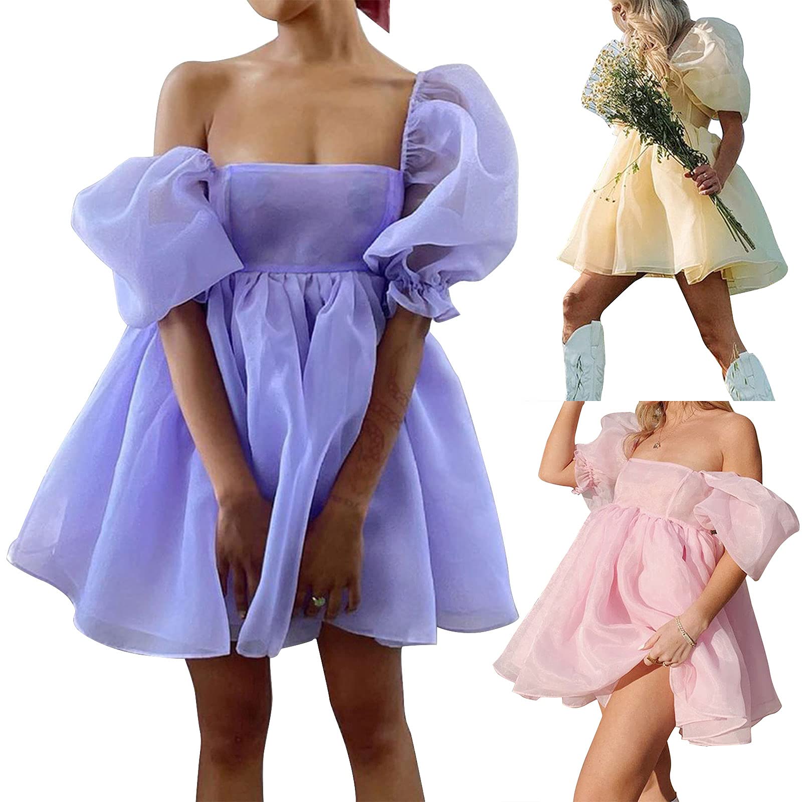 Pejihota Womens Off-Shoulder Ruffled Fluffy Short-Sleeved Mesh Party Mini Princess Dress (XXL, Purple)