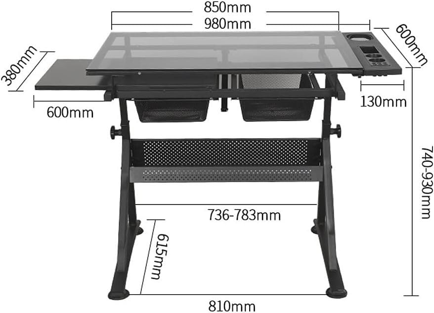 XiVue Adjustable Glass Drafting Table,Versatile Art Study Table,with Storage Drawers,Art Studio Design Sketching Painting Work Station