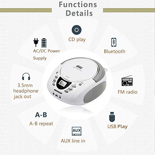 LONPOO Portable Boombox - CD Player, Bluetooth, USB, MP3, AUX, FM Radio, Portable, Built-in Stereo Speakers, Carrying Handle, LCD Display, White