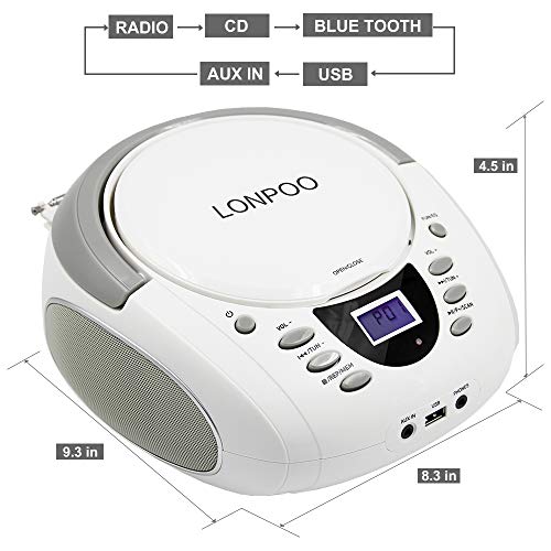 LONPOO Portable Boombox - CD Player, Bluetooth, USB, MP3, AUX, FM Radio, Portable, Built-in Stereo Speakers, Carrying Handle, LCD Display, White