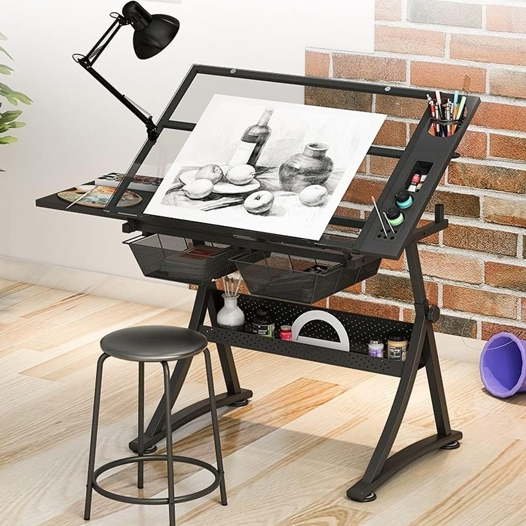 XiVue Adjustable Glass Drafting Table,Versatile Art Study Table,with Storage Drawers,Art Studio Design Sketching Painting Work Station