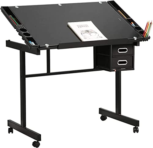 Need Adjustable Drafting Table with Tilted Tabletop, Art Table with 2 Storage Drawers for Writing Art Craft Work Station Black,UT-DT1033-BK-ND