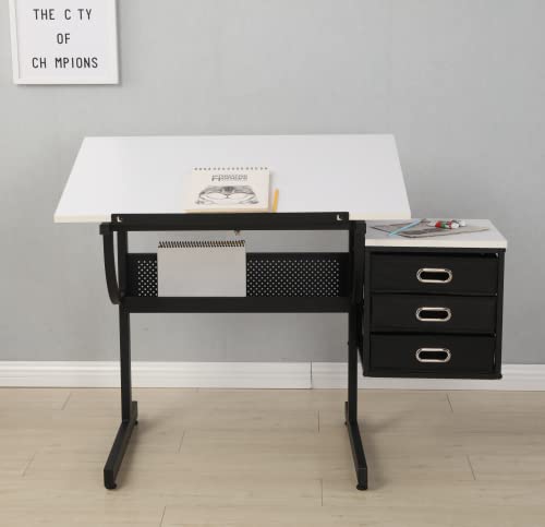 Lamerge Drafting Table with Stool, Drawing Desk for Adults/Artists with 3 Storage Drawers, Tabletop Adjustable 0-75° Tilting for Reading Writing Work Home Office, White