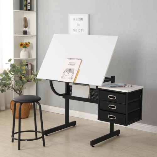 Lamerge Drafting Table with Stool, Drawing Desk for Adults/Artists with 3 Storage Drawers, Tabletop Adjustable 0-75Β° Tilting for Reading Writing Work Home Office, White