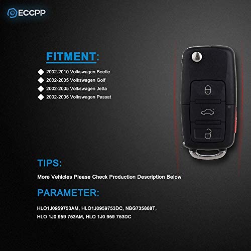ECCPP Keyless Entry Remote Key Fob for Volkswagen Beetle Golf Jetta Passat 315MHz Uncut 4 Button HLO1J0959753AM HLO1J0959753DC NBG735868T (Pack of 1)