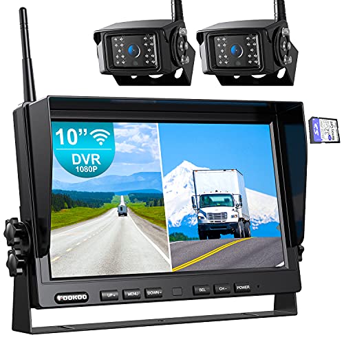 Fookoo 1080P 10" Wireless Backup Camera System, 10" Dual/Quad Split Monitor with Recording, IP69 Waterproof Rear/Front View Cameras, Parking Lines for RV/Truck/Trailer/Van(DW102)