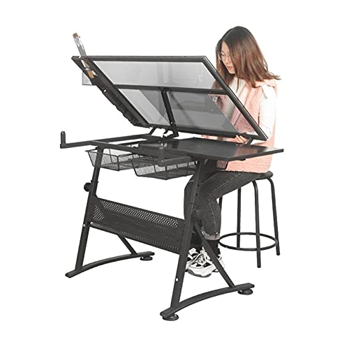 EESHHA Drawing Table Adjustable Glass Drafting Table,Versatile Art Study Table,with Storage Drawers,Art Studio Design Sketching Painting Work Station