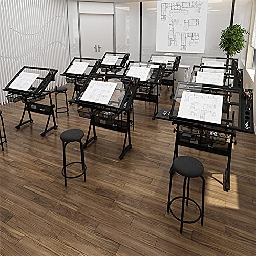 EESHHA Drawing Table Adjustable Glass Drafting Table,Versatile Art Study Table,with Storage Drawers,Art Studio Design Sketching Painting Work Station