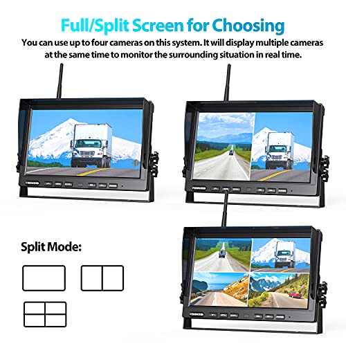 Fookoo 1080P 10" Wireless Backup Camera System, 10" Dual/Quad Split Monitor with Recording, IP69 Waterproof Rear/Front View Cameras, Parking Lines for RV/Truck/Trailer/Van(DW102)