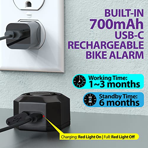 Fosmon USB-C Rechargeable Bike Alarm with Remote, IP55 Waterproof Wireless 110dB Loud Anti-Theft Vibration Motion Sensor Vehicle Tracker Alarm Security System for Bicycle, E-Bike, Motorcycle, Scooter