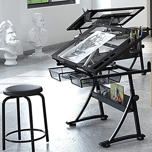 EESHHA Drawing Table Adjustable Glass Drafting Table,Versatile Art Study Table,with Storage Drawers,Art Studio Design Sketching Painting Work Station