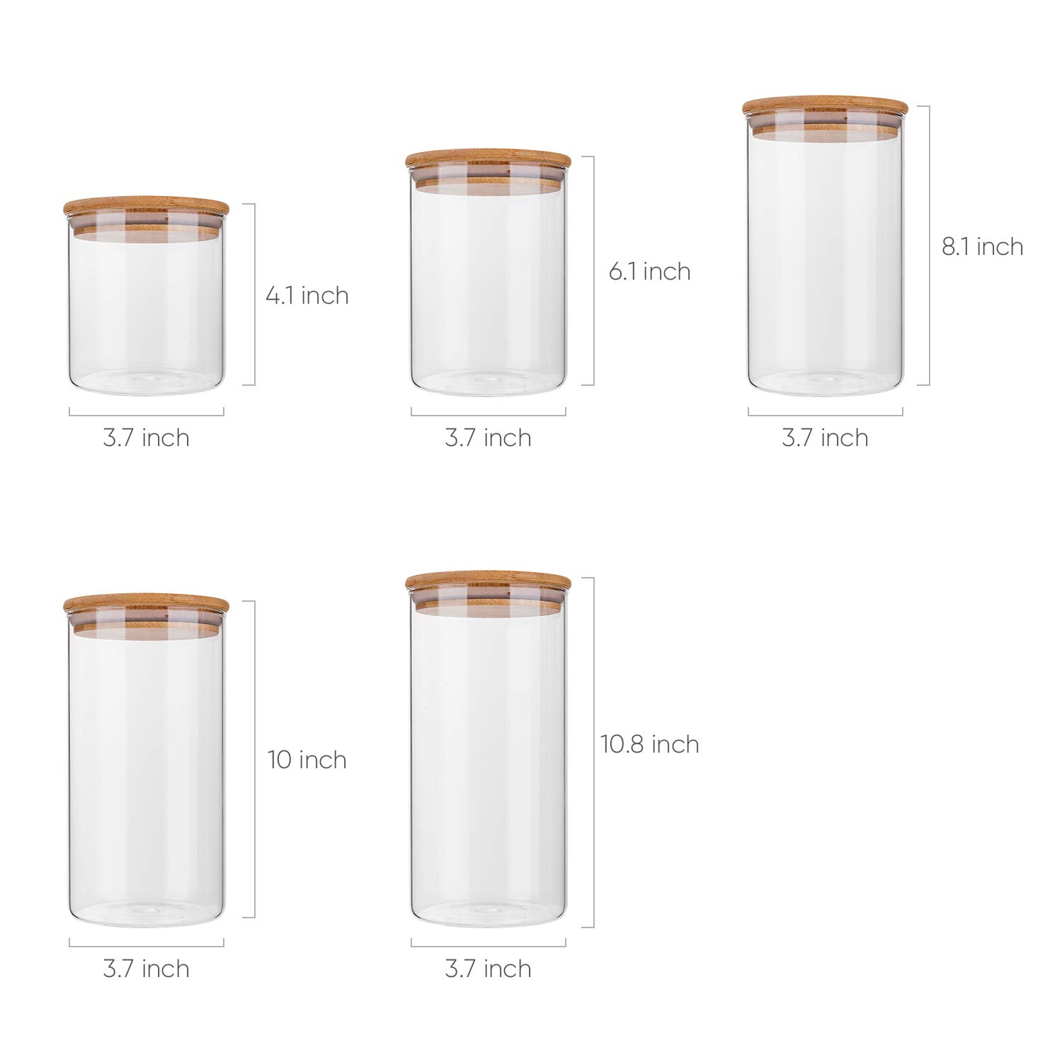 Glass Food Storage Containers Set,Airtight Food Jars with Bamboo Wooden Lids - Set of 5 Kitchen Canisters For Sugar,Candy, Cookie, Rice and Spice Jars