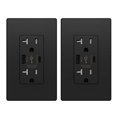 ELEGRP 36W Quick Charge USB Wall Outlet, Type A & Type C Power Delivery and Quick Charge for iPhone/iPad/Samsung/LG/HTC/Android, 20A USB Receptacle, UL Listed, w/Wall Plate, 2 Pack, Matte Black