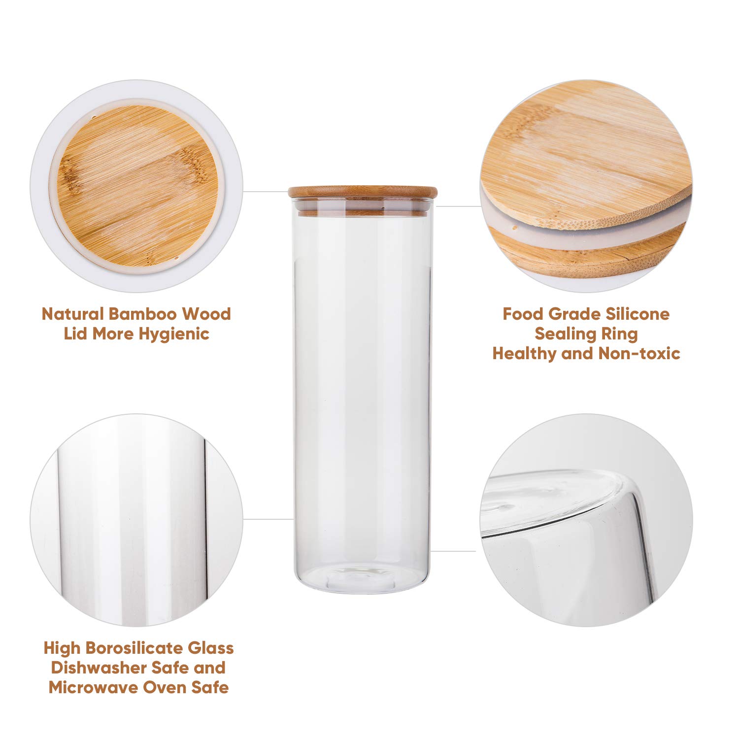 Glass Food Storage Containers Set,Airtight Food Jars with Bamboo Wooden Lids - Set of 5 Kitchen Canisters For Sugar,Candy, Cookie, Rice and Spice Jars