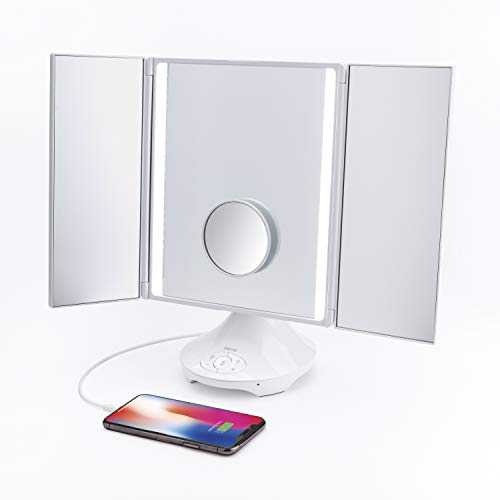 iHome Beauty Reflect Trifold Vanity Speaker with Bluetooth Audio, Hands-Free Speakerphone, LED Lighting, Siri and Google Support, and USB Charging