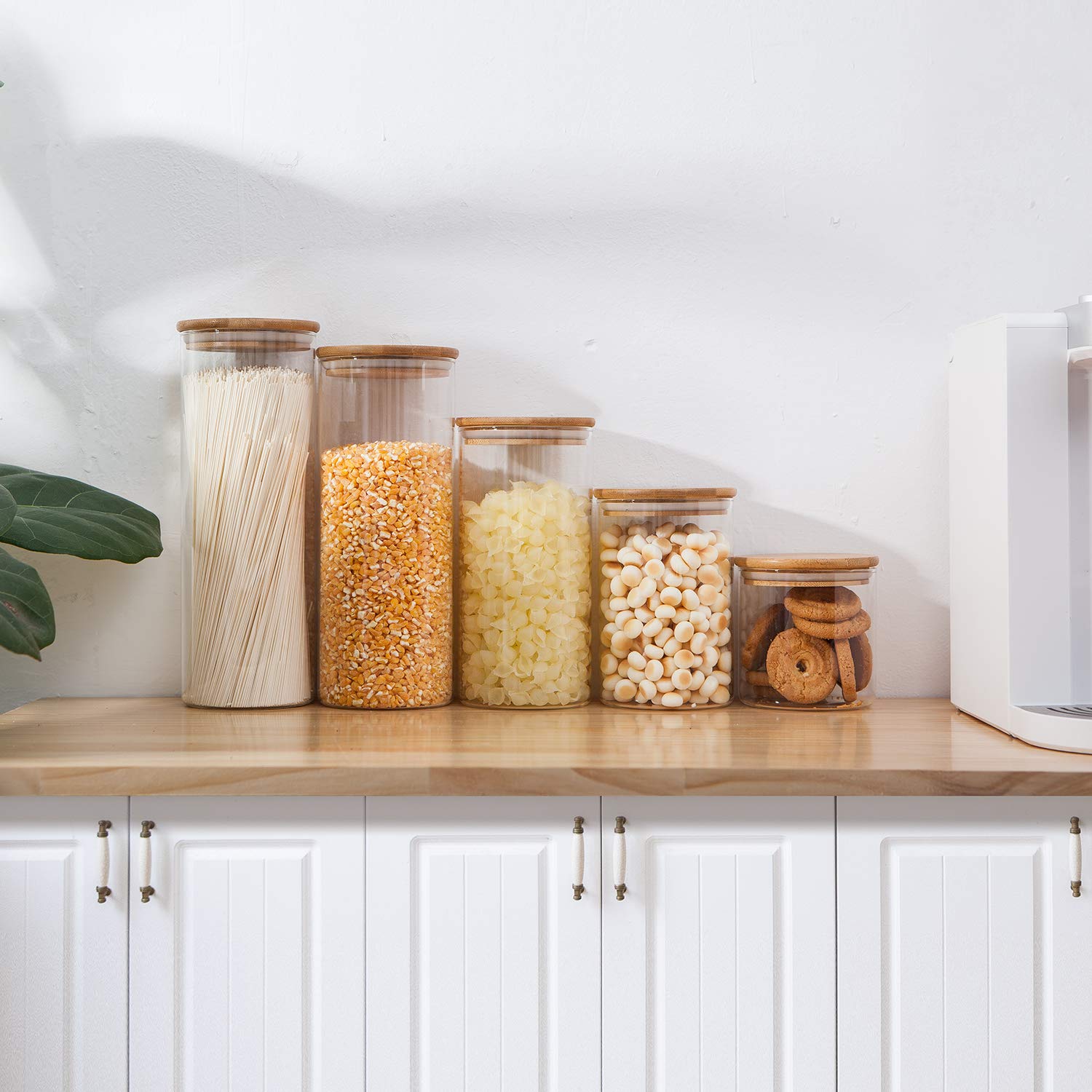 Glass Food Storage Containers Set,Airtight Food Jars with Bamboo Wooden Lids - Set of 5 Kitchen Canisters For Sugar,Candy, Cookie, Rice and Spice Jars