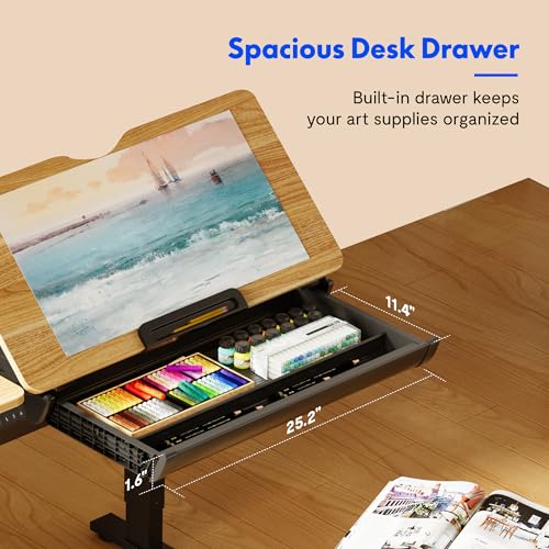 FLEXISPOT Electric Drafting Table Adjustable Height Standing Drawing Desk Extendable Top Craft Workstation w/Tilting Tabletop, Storage Drawer for Study, Office, Studio, Art, Adult & Kid, 47.2"x23.6"