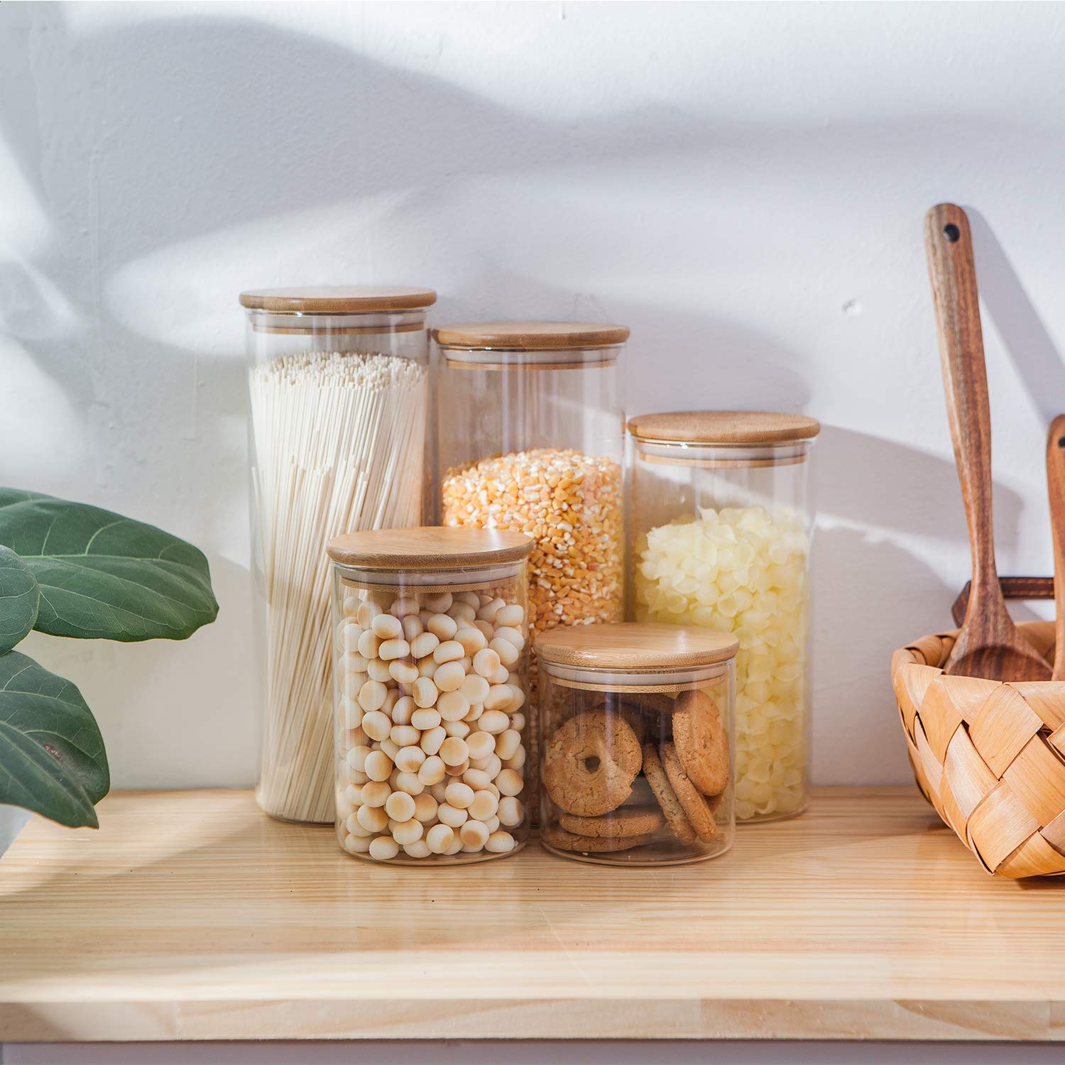 Glass Food Storage Containers Set,Airtight Food Jars with Bamboo Wooden Lids - Set of 5 Kitchen Canisters For Sugar,Candy, Cookie, Rice and Spice Jars