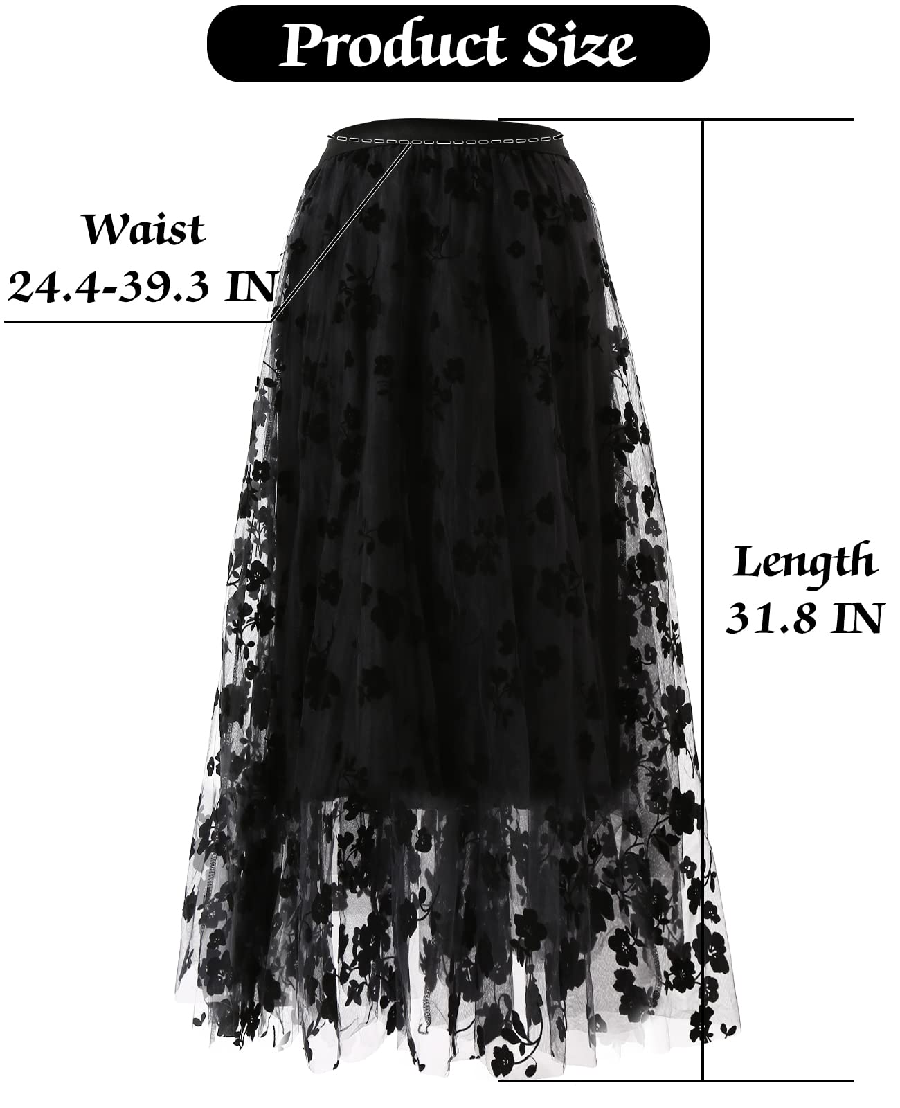 Women's A Line Tulle Midi Skirt Tutu Tiered Petticoat Skirts Tea-Length Elastic Waist Tutu Skirts (Flower Black 3 Layer)