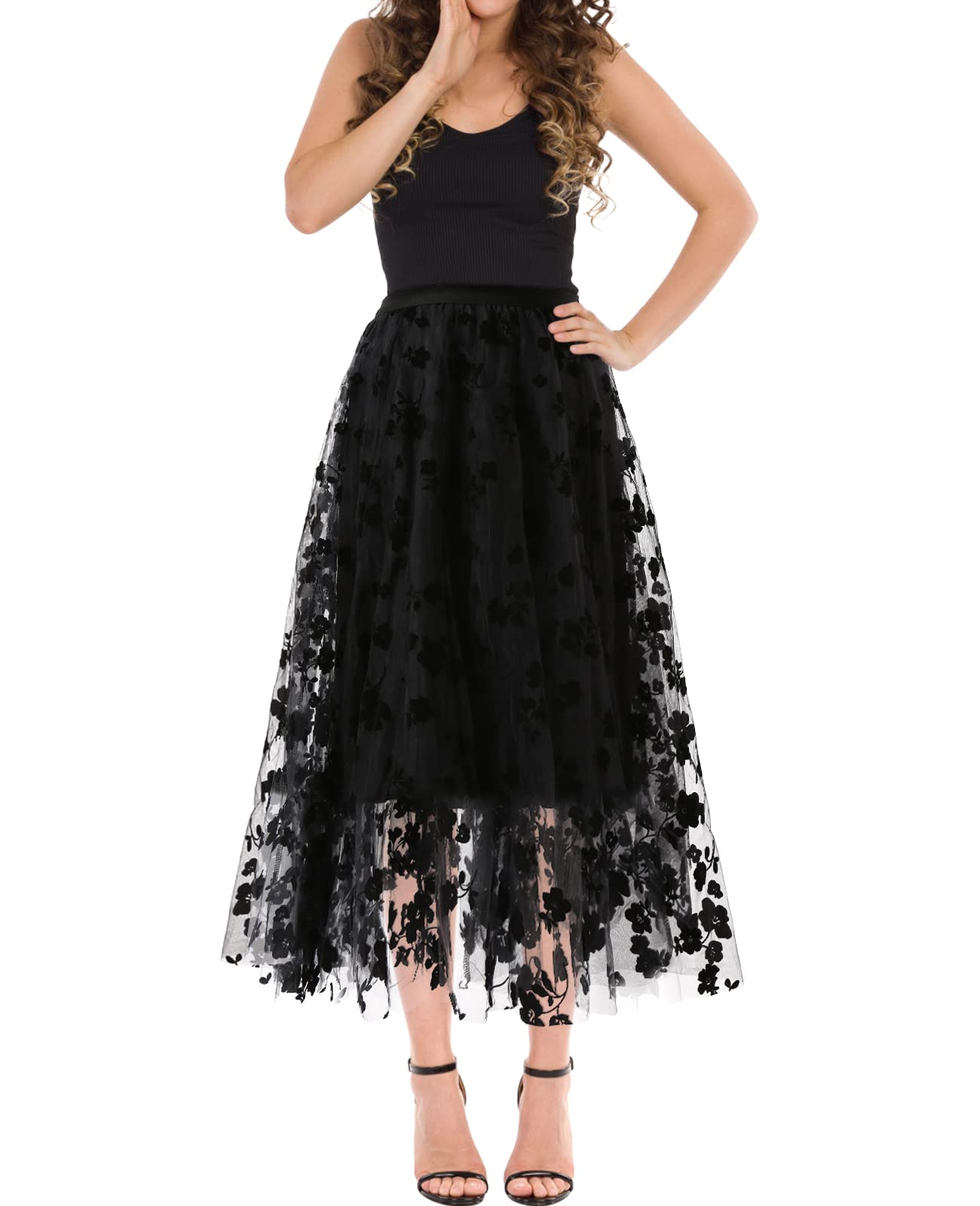 Women's A Line Tulle Midi Skirt Tutu Tiered Petticoat Skirts Tea-Length Elastic Waist Tutu Skirts (Flower Black 3 Layer)