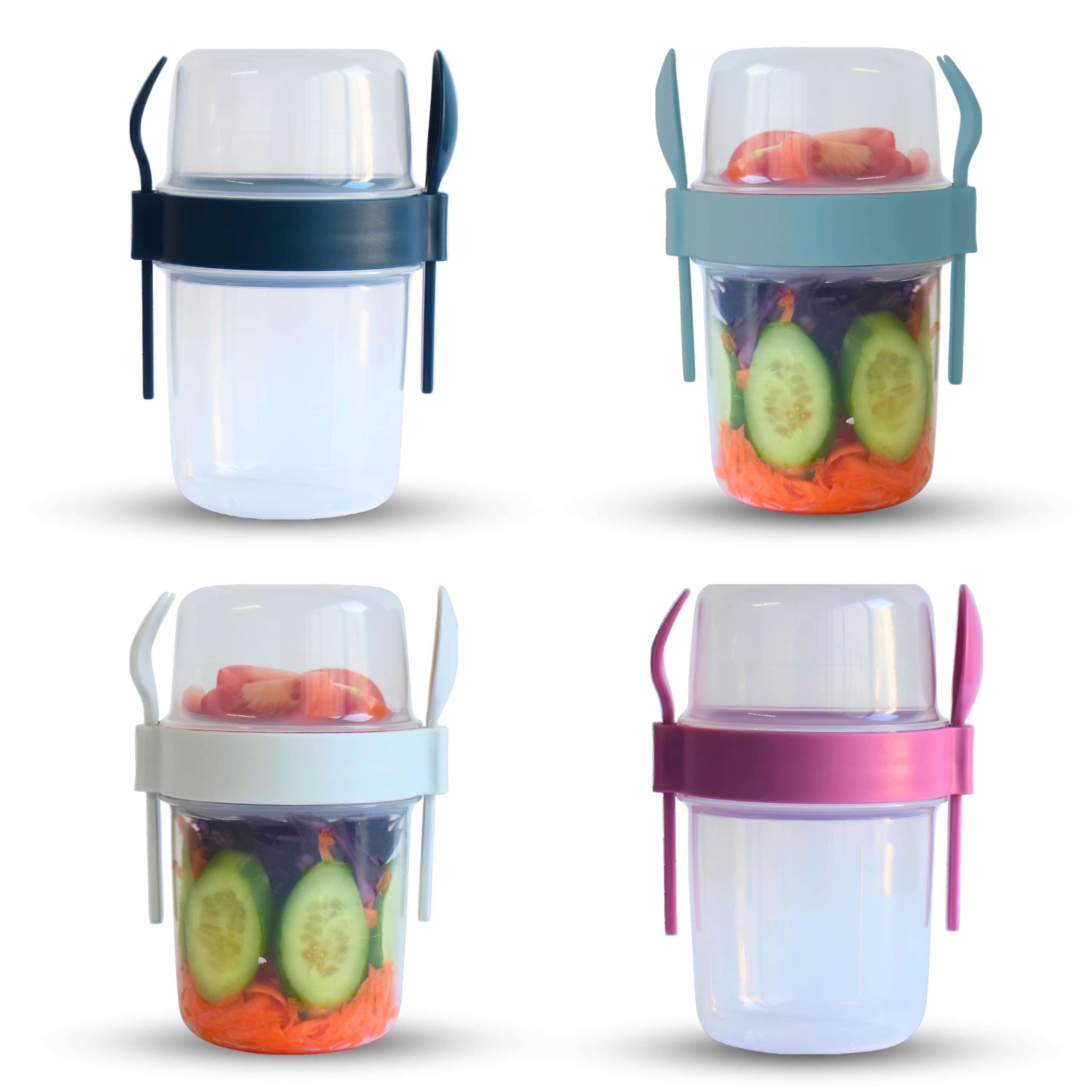Salda 4 Pack 22 oz Breakfast On the Go Cups, Take and Go Yogurt Cup with Topping Cereal Cup with spoon and fork, Overnight Oats or Oatmeal Container Jar, Colorful Set of 4 (22, Oval, 4, 650ml)