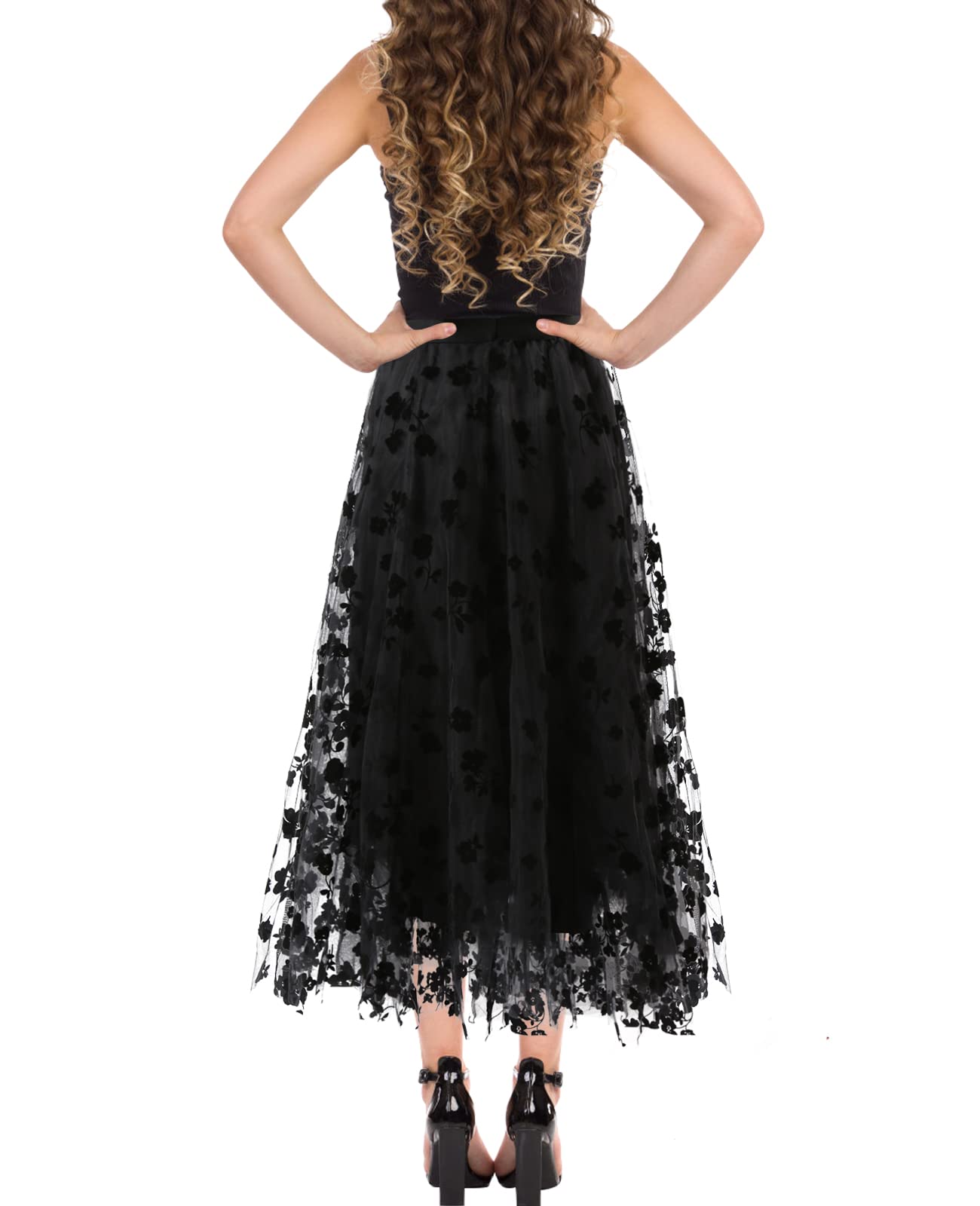 Women's A Line Tulle Midi Skirt Tutu Tiered Petticoat Skirts Tea-Length Elastic Waist Tutu Skirts (Flower Black 3 Layer)