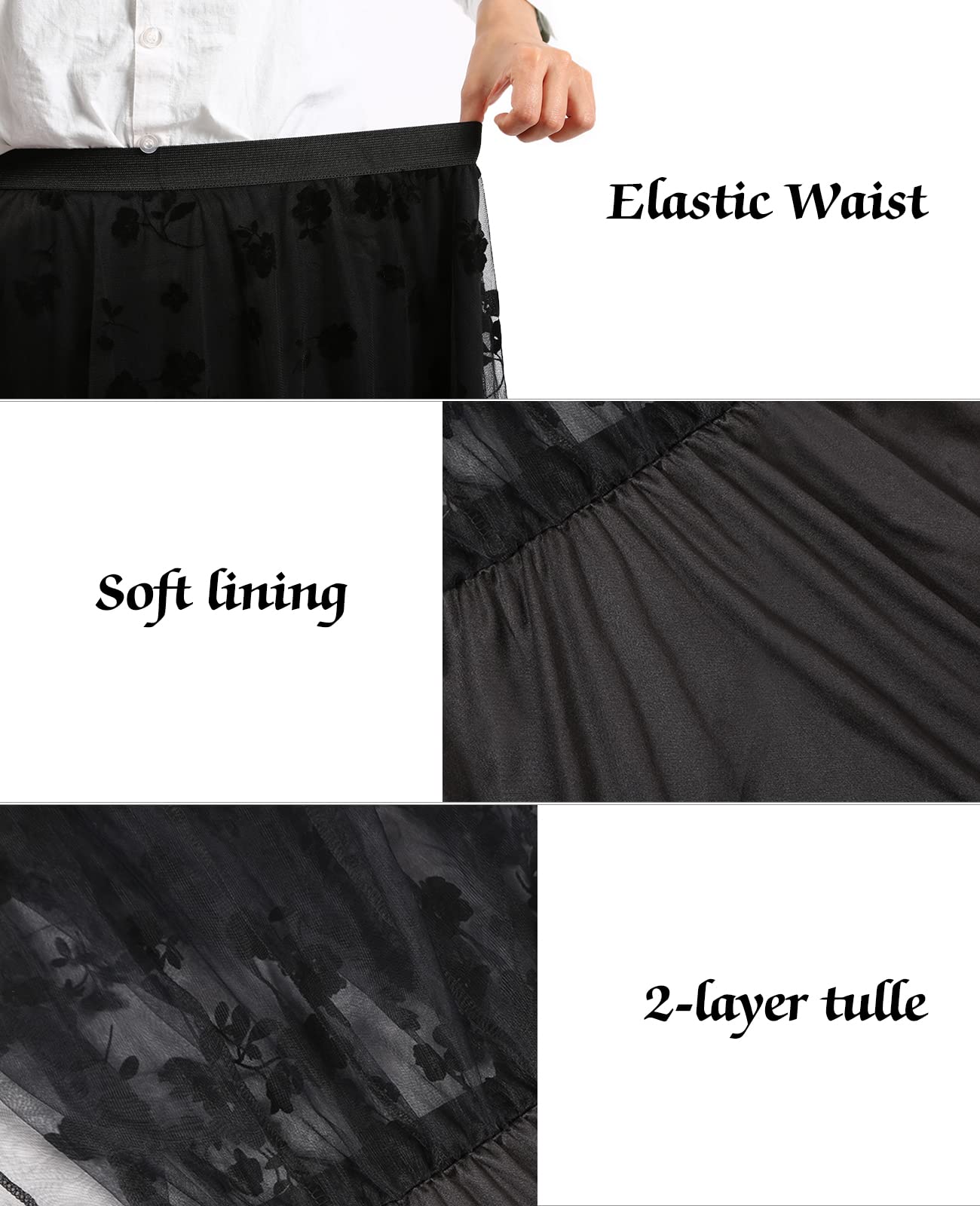 Women's A Line Tulle Midi Skirt Tutu Tiered Petticoat Skirts Tea-Length Elastic Waist Tutu Skirts (Flower Black 3 Layer)