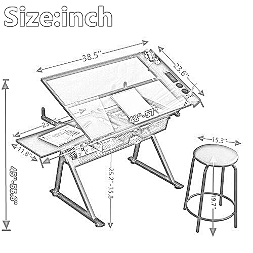 Gynsseh Drafting Table with Stool, Adjustable Height Drawing Table for Artists, 0-75° Tilting Glass Tabletop Art Craft Desk Watercolour Painting Workstation for Home School, White