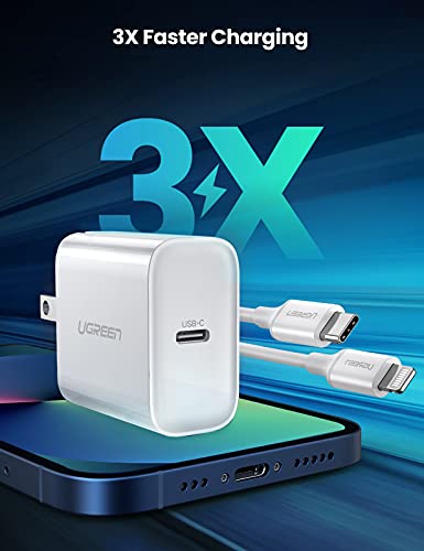 UGREEN 20W USB C Fast Charger with 3FT USB C to Lightning Cable MFi Certified Charging Cable, Foldable Charger Compatible for iPhone 14/13/12, iPad, AirPods Pro, and More