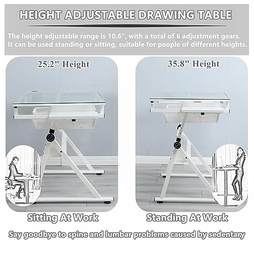 Gynsseh Drafting Table with Stool, Adjustable Height Drawing Table for Artists, 0-75° Tilting Glass Tabletop Art Craft Desk Watercolour Painting Workstation for Home School, White