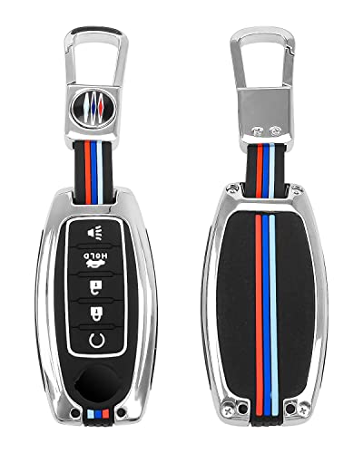 Key Fob Cover with Key Chain Only Fit for Nissan 5 Buttons Smart Key, Soft Silicone Full Protection and Metal Shell Smart Key Case, Silver