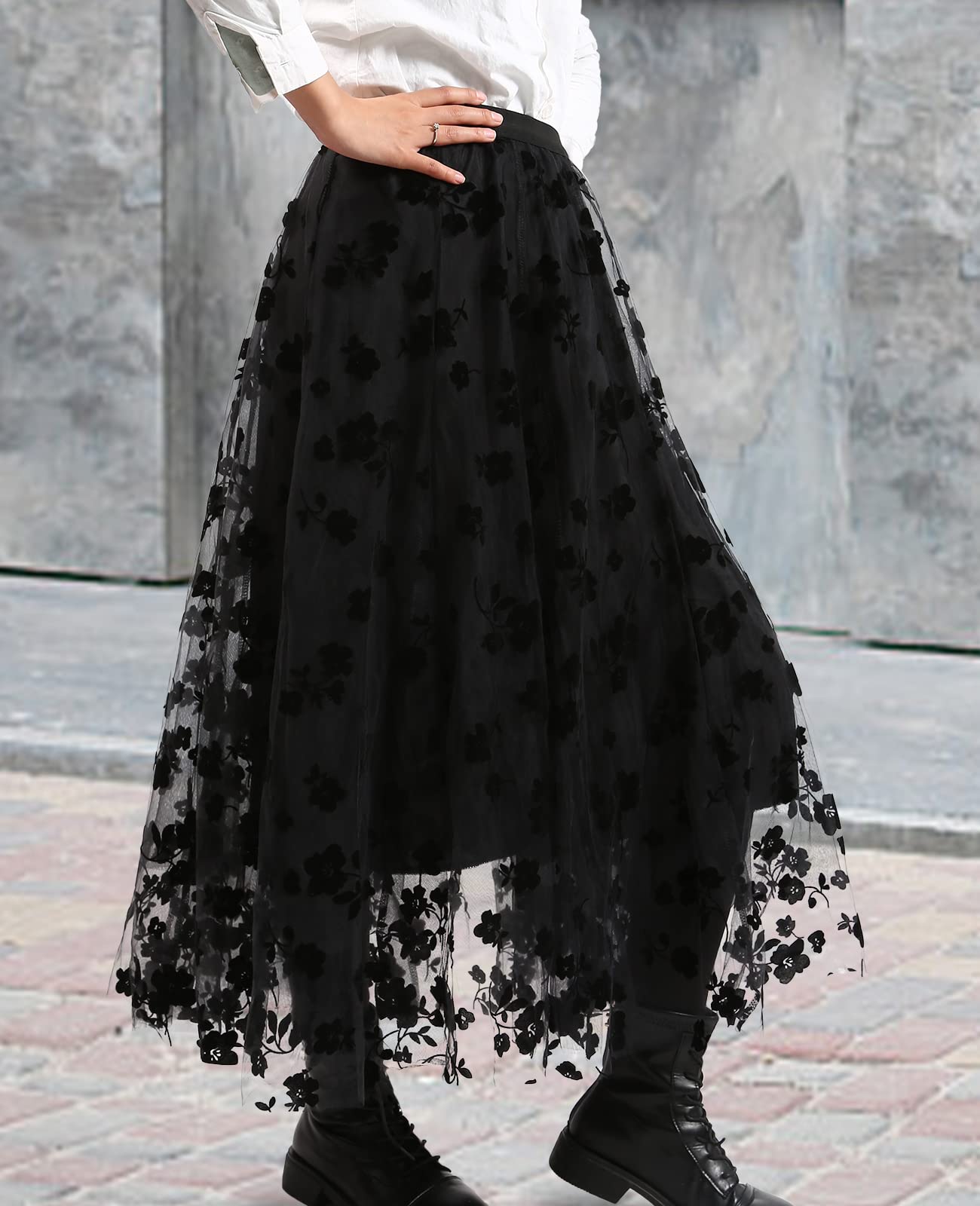Women's A Line Tulle Midi Skirt Tutu Tiered Petticoat Skirts Tea-Length Elastic Waist Tutu Skirts (Flower Black 3 Layer)