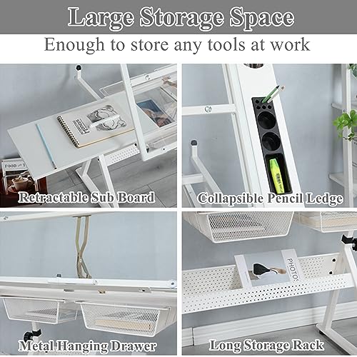Gynsseh Drafting Table with Stool, Adjustable Height Drawing Table for Artists, 0-75° Tilting Glass Tabletop Art Craft Desk Watercolour Painting Workstation for Home School, White