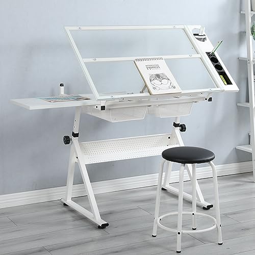 Gynsseh Drafting Table with Stool, Adjustable Height Drawing Table for Artists, 0-75° Tilting Glass Tabletop Art Craft Desk Watercolour Painting Workstation for Home School, White