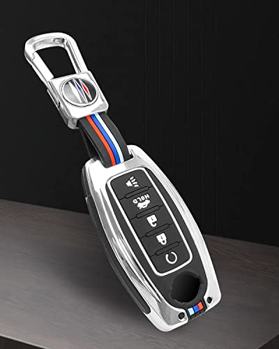 Key Fob Cover with Key Chain Only Fit for Nissan 5 Buttons Smart Key, Soft Silicone Full Protection and Metal Shell Smart Key Case, Silver