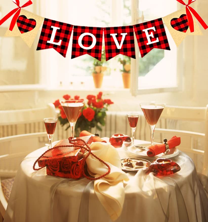 Gukuu&co Valentine's Day Decoration Buffalo Plaid Burlap Banner Red Love Signs for Wedding Anniversary Valentine's Decor