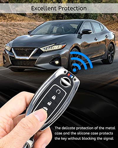 Key Fob Cover with Key Chain Only Fit for Nissan 5 Buttons Smart Key, Soft Silicone Full Protection and Metal Shell Smart Key Case, Silver