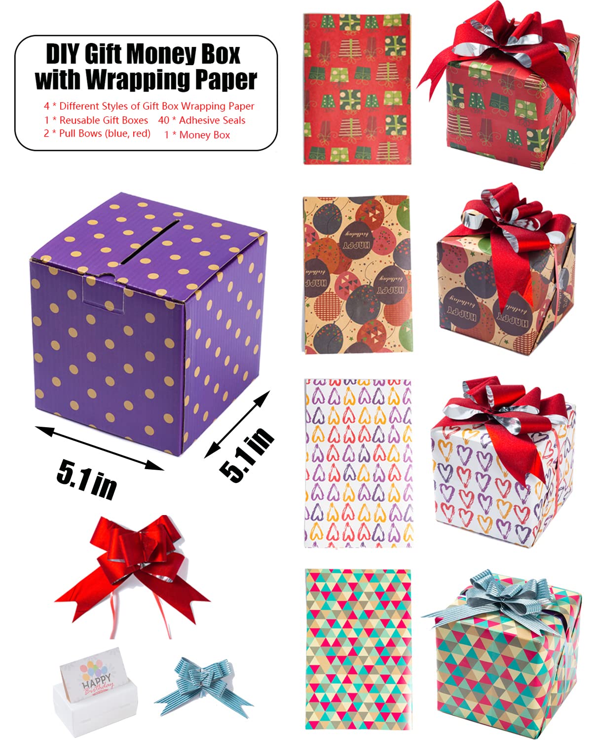 JSUPMKJ Money Box for Cash Gift Pull, Money Roll Gift Box, DIY Gift Box with Wrapping Paper, Money Pull Gift Box for Birthday/Christmas/Valentine's Day